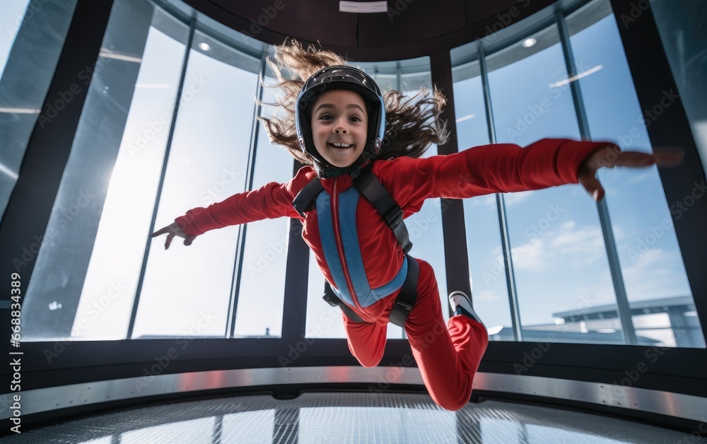 Free falling of a child girl in a simulator at a city skydiving center ...