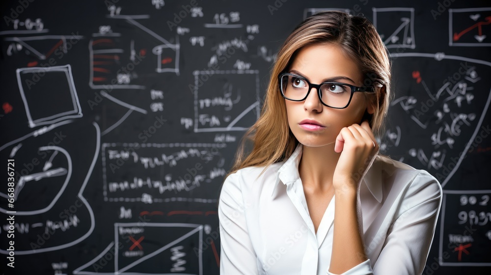 Mid-30s woman in professional attire, deep in thought, studying complex ...