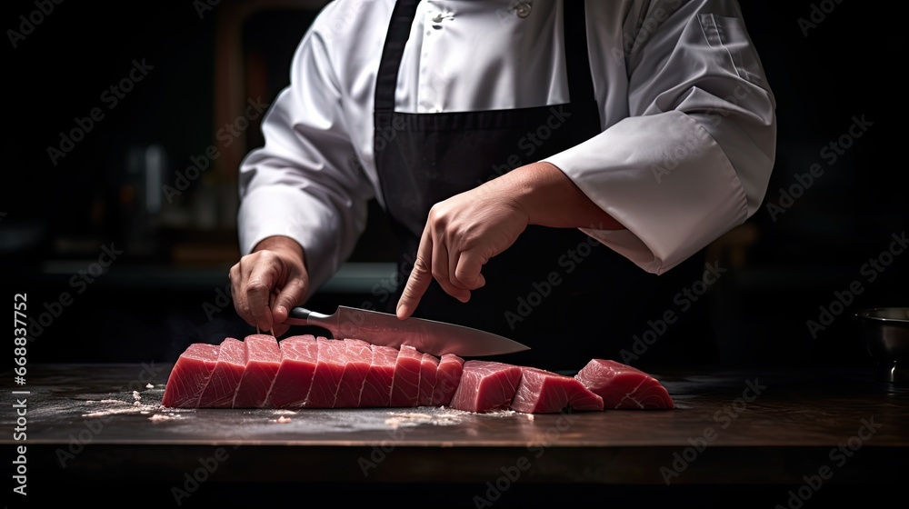 a person in a chef's uniform chopping meat on a cutting board with a ...