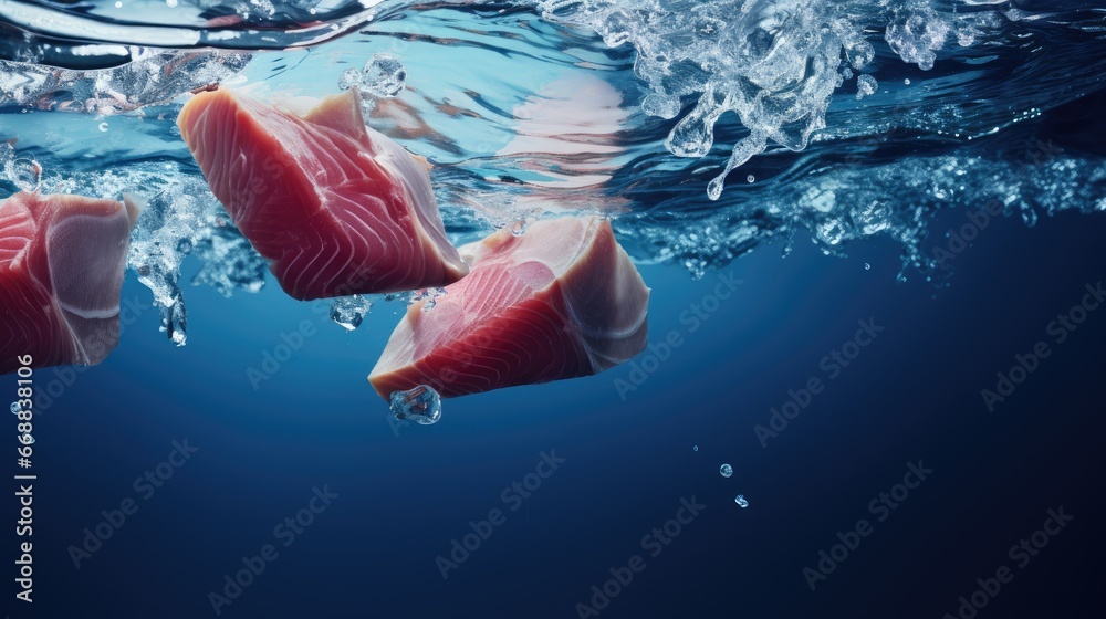 three raw fish fillets floating in a body of water with a splash of ...