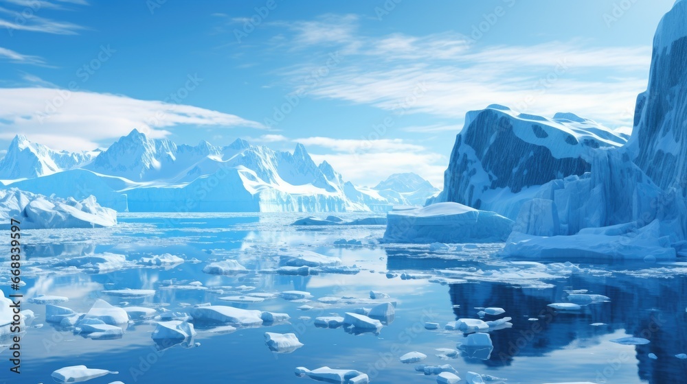 Aerial view of melting ice caps in the Arctic region. Translucent blue ...