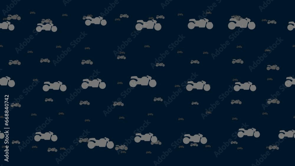 Bike symbols float horizontally from left to right. Parallax fly effect. Floating symbols are ...