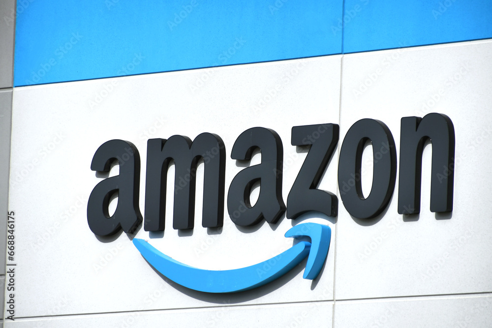 Blue Amazon sign on a fulfillment center warehouse for Amazon Prime customers Stock Photo ...