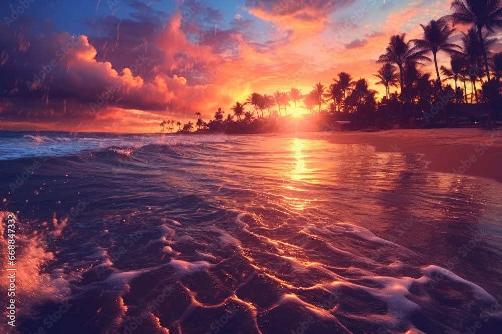 Sunset on the beach tropics background wallpaper. Ocean coast with ...