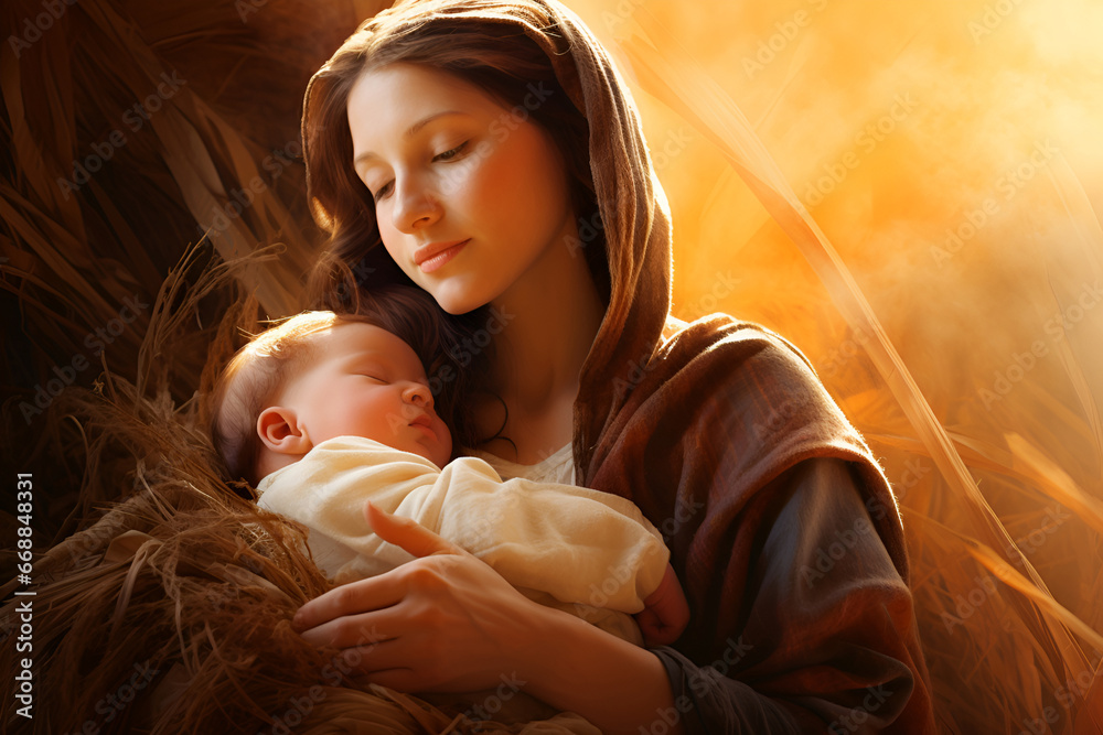 Poster Mary and her newborn in a humble manger, the Nativity of Jesus ...