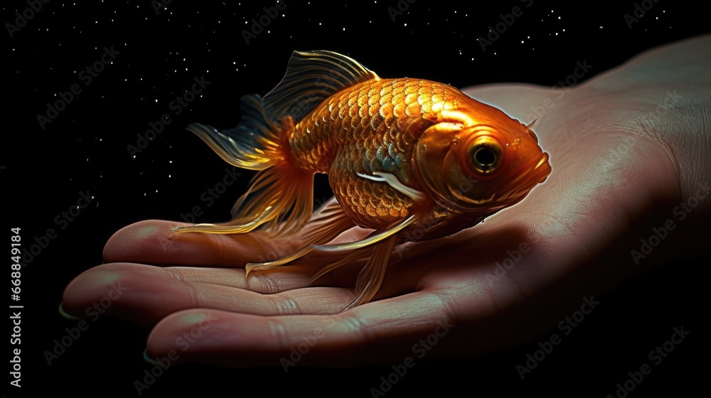 Beautiful goldfish in hands. Catch a goldfish. Make a wish. Fulfillment ...