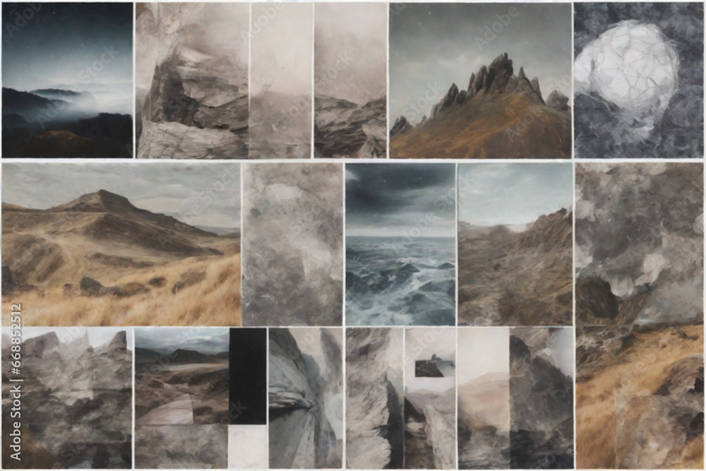photo collage with landscapes, liminal spaces, scribbles, traditional ...