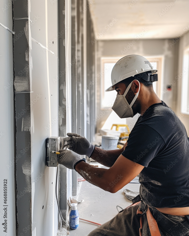 Man working as a taper at the job site of a luxury house Stock Photo ...