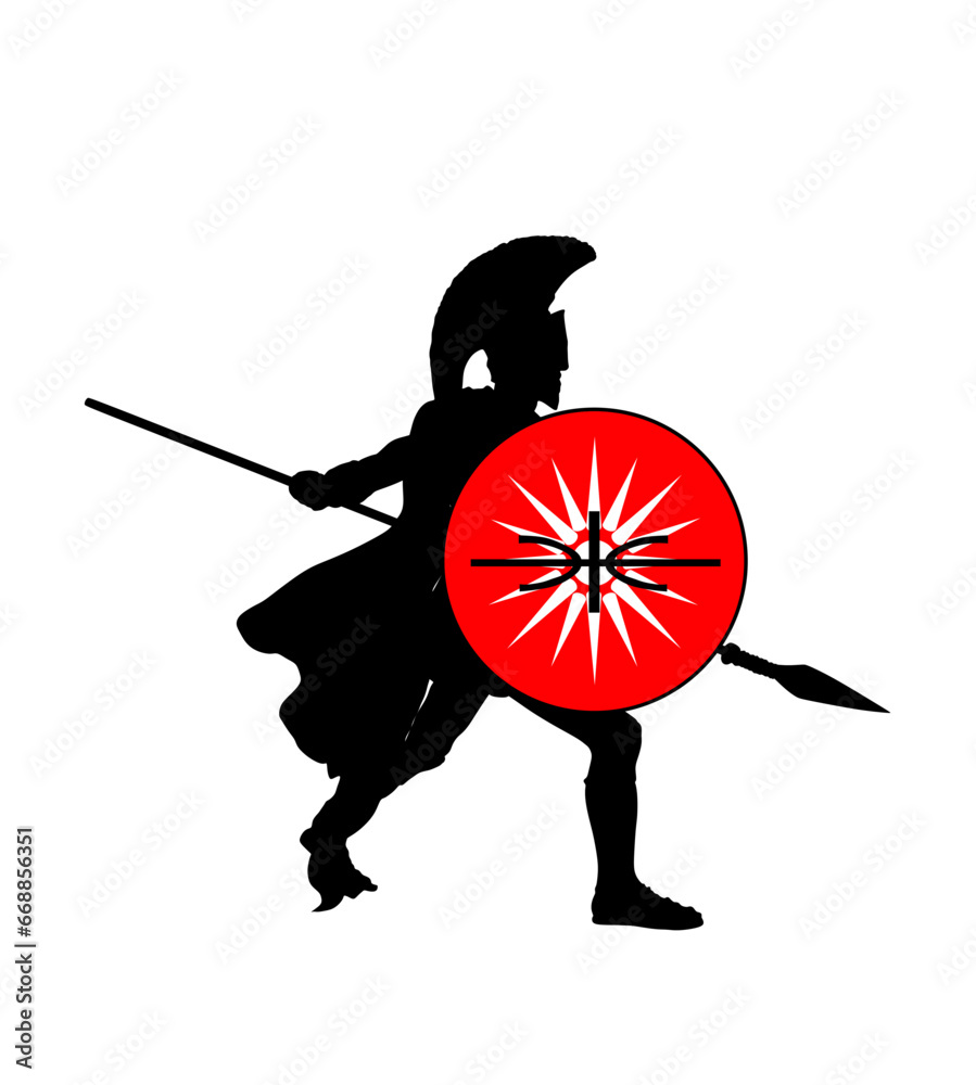 Ancient Greek hero soldier in battle with spear shield and sword in ...