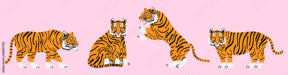 Set of tigers in different poses, in flat style. The tiger stands, lies ...