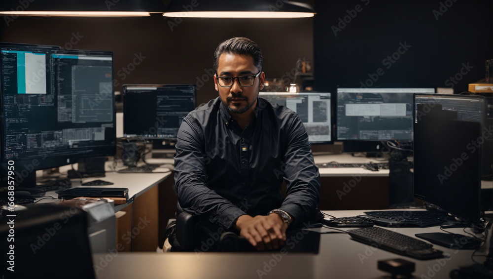 In a modern office, an IT specialist focuses on writing program code ...