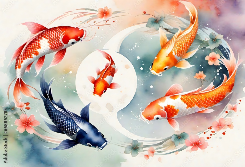 Yin and Yang Koi Fish Watercolor Painting, Generative AI Stock ...