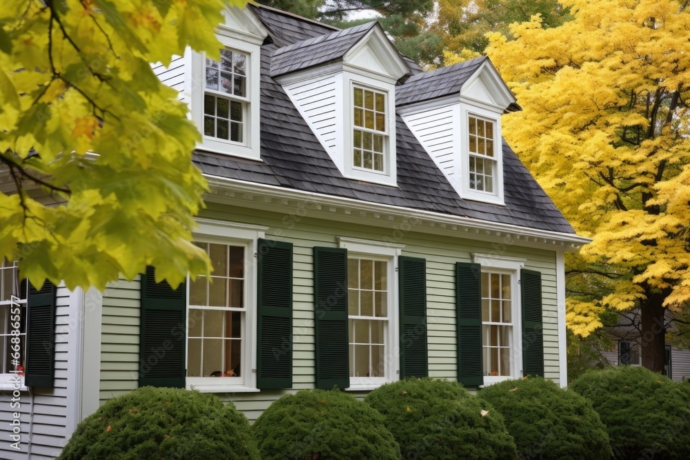 foliage framing dutch colonial house, focus on dormer windows Stock ...