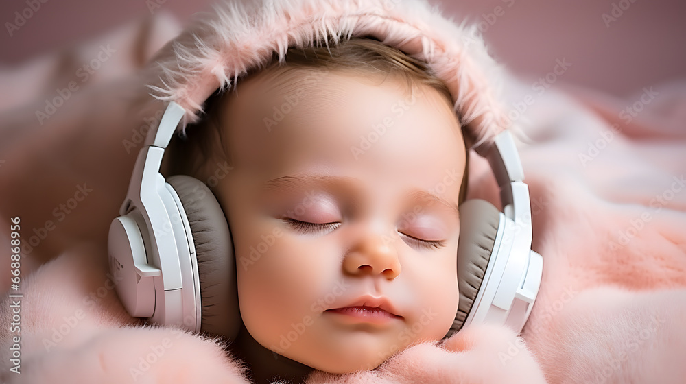 Newborn baby with headphones listening music on a pastel pink ...