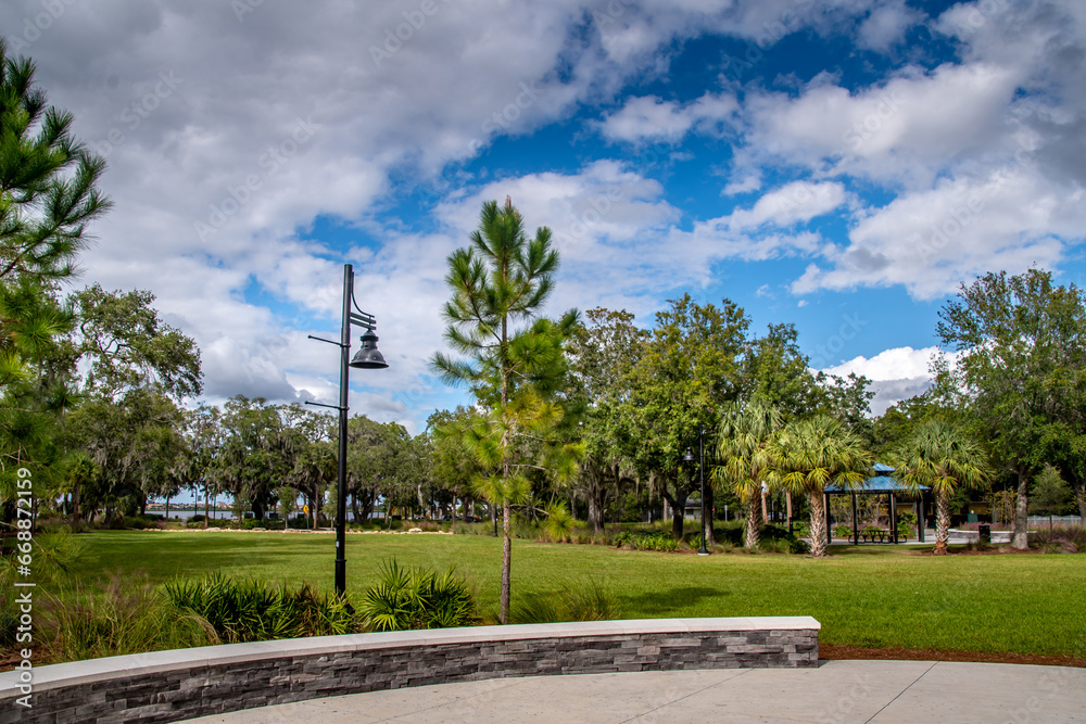 Scenes along Bradenton Florida Riverwalk East, boardwalk, wooden pier ...