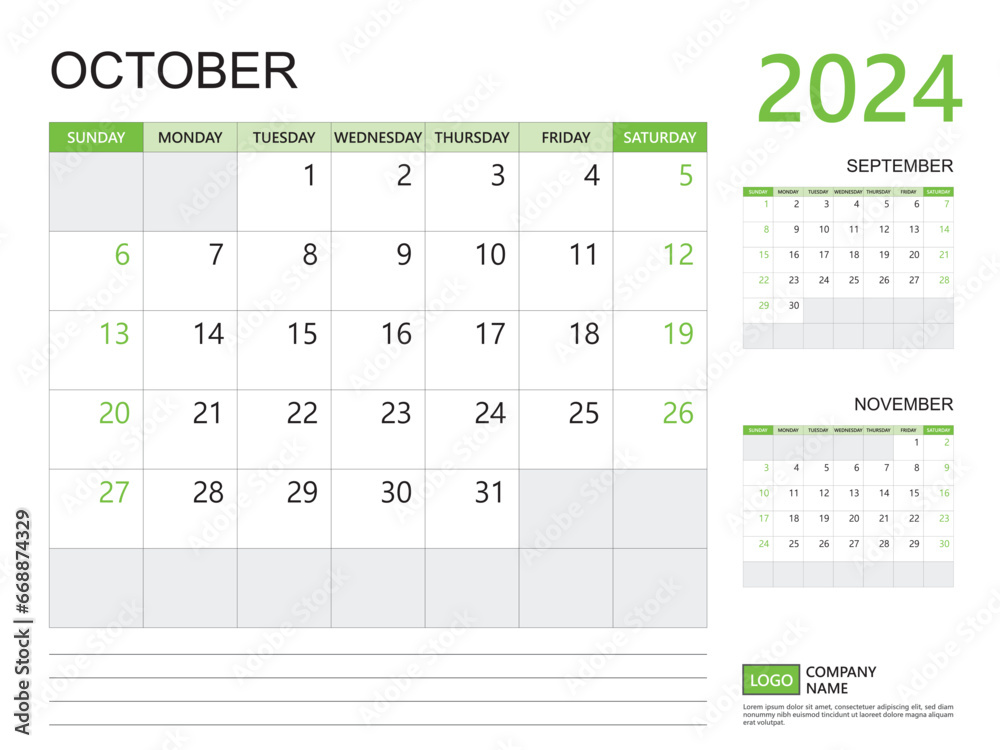 October 2024 year, Calendar planner 2024 template, week start on Sunday ...