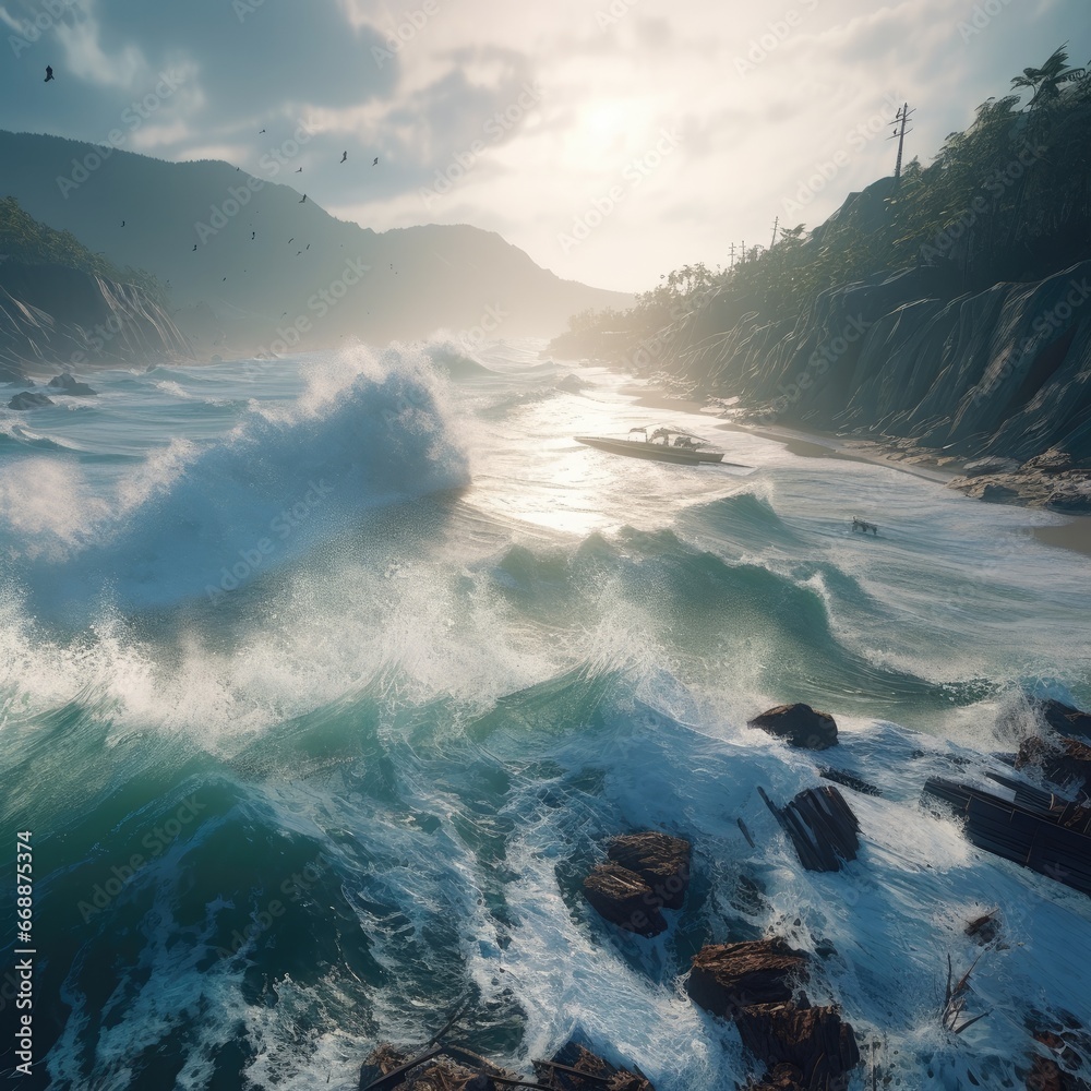 Destructive tsunami in the city realistic illustration. Dangerous ...