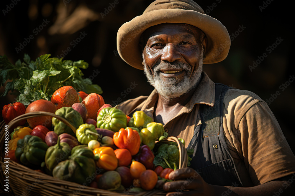 A farmer in a developing country proudly displaying an abundant harvest ...