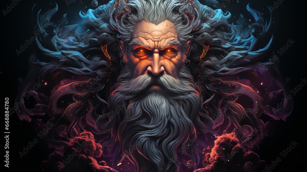 Zeus in ultraviolet light, modern god of ancient Greek mythology. God ...