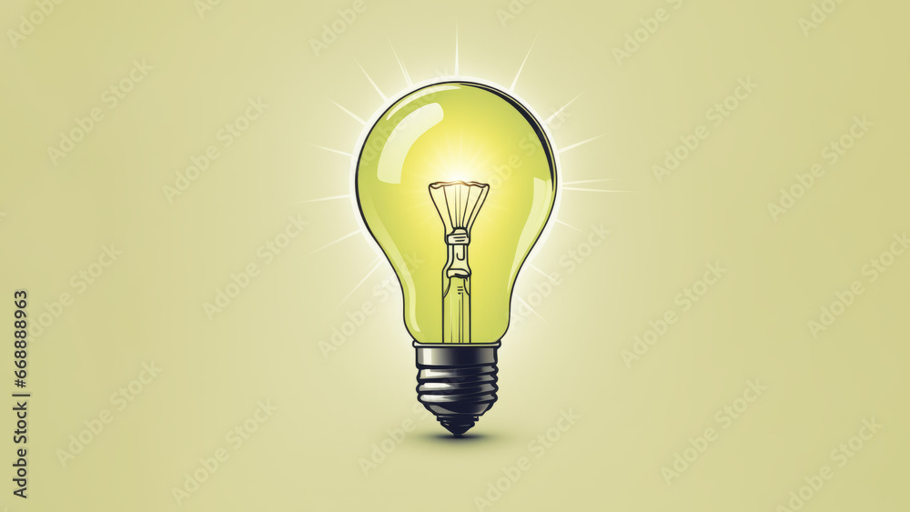 Bright glowing light bulb on a monochromatic yellow background ...