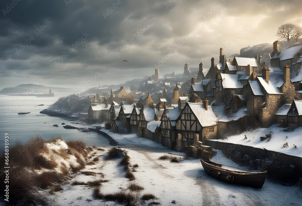 old-fashioned seaside town in winter with ancient timber framed ...