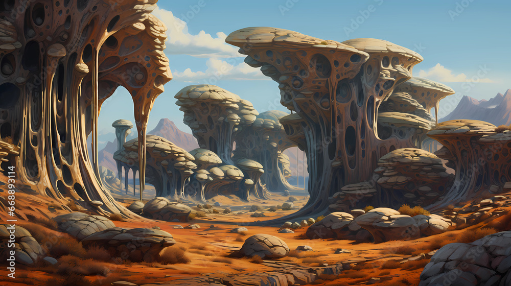 In a mysterious realm, the landscape takes on an otherworldly and ...