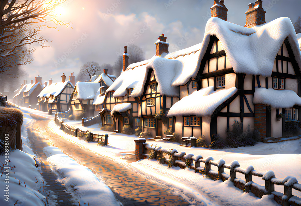 medieval village street in winter with ancient thatched houses covered ...