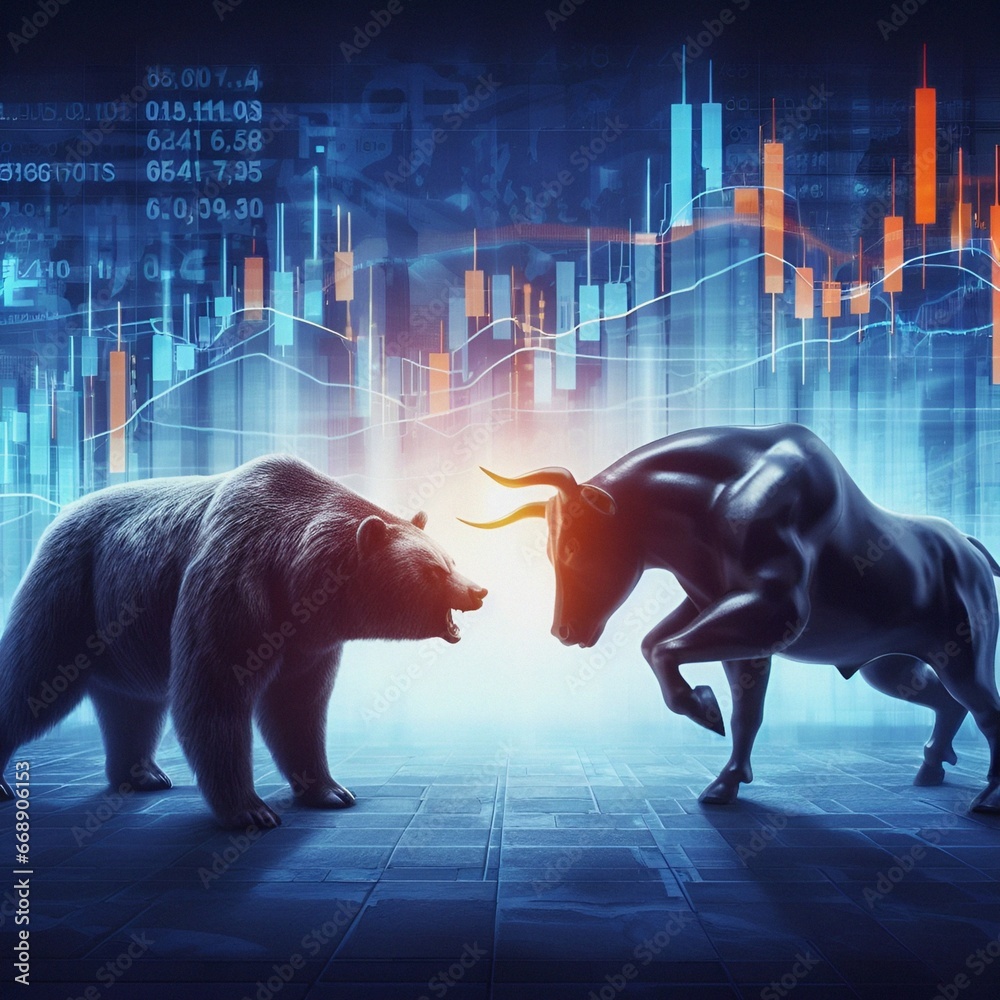 Stock market bears and bulls are fighting in front of stock market ...