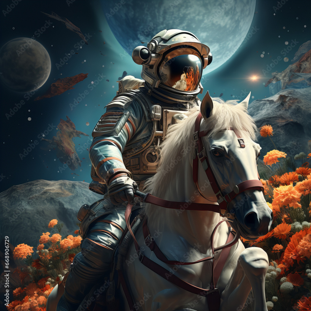 Galactic cowboy riding through a cosmic meadow, evoking a blend of ...