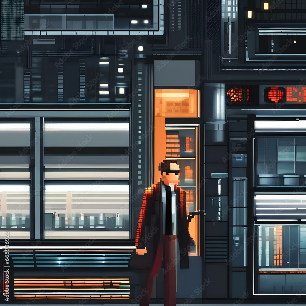 39 Depict a pixel art secret agent on a mission in a high-tech spy ...