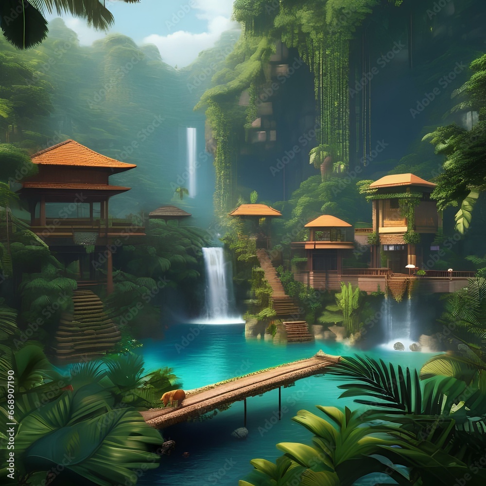 67 Depict a pixel art tropical jungle with exotic animals, waterfalls ...