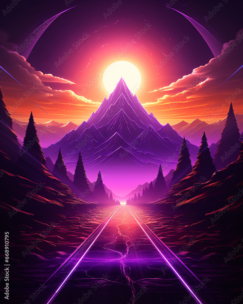Retro wave neon landscape with sunrise behind a mountain, a highway ...