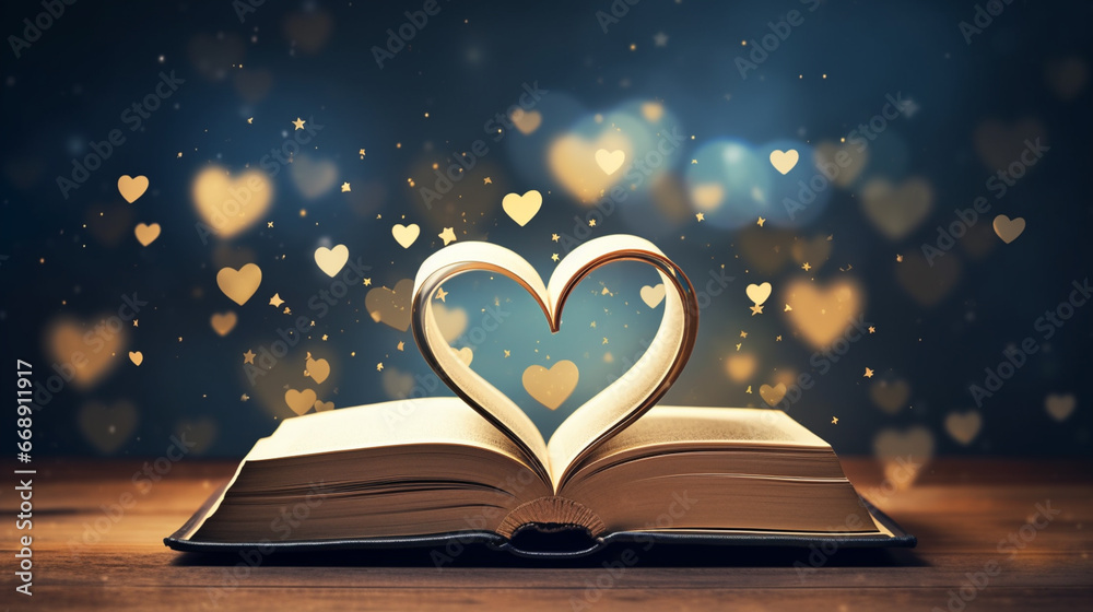 Love story book with open page of literature in heart shape stack piles ...