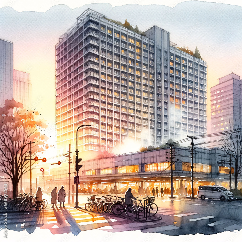 Watercolor sketch on white paper of a building at dawn, its silhouette ...