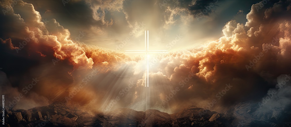 Jesus ascending to heaven in a cloud shaped cross of light after ...