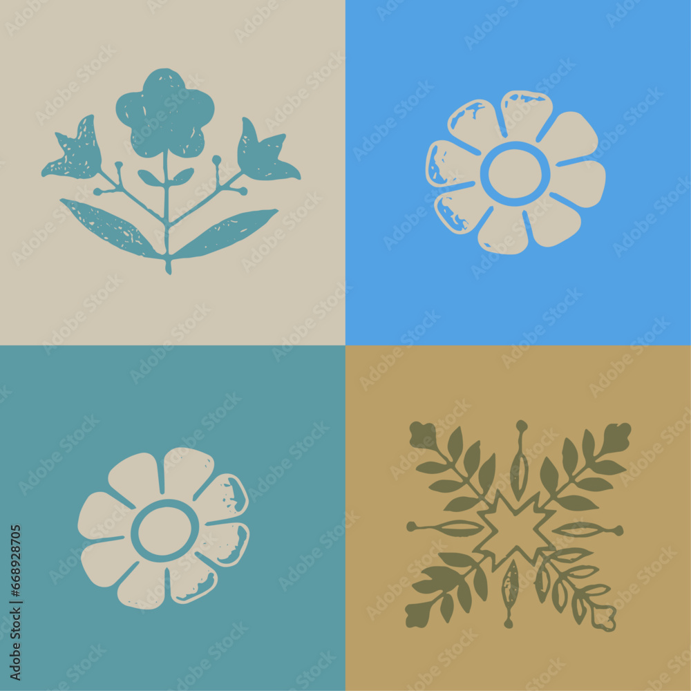 Vintage illustration of minimalist flowers on 4 color squares with ...
