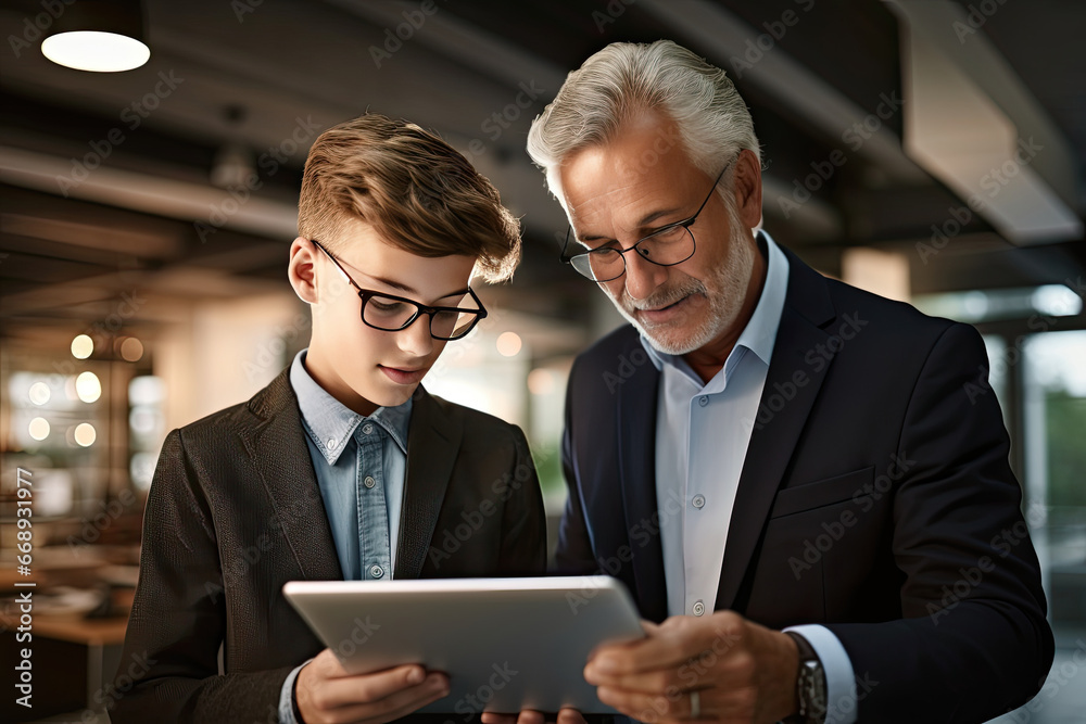 Mature professional guiding young employee in modern workspace with ...