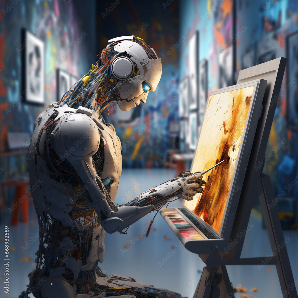 Close - up view Robot's hold brush and paint an oil painting on canvas ...
