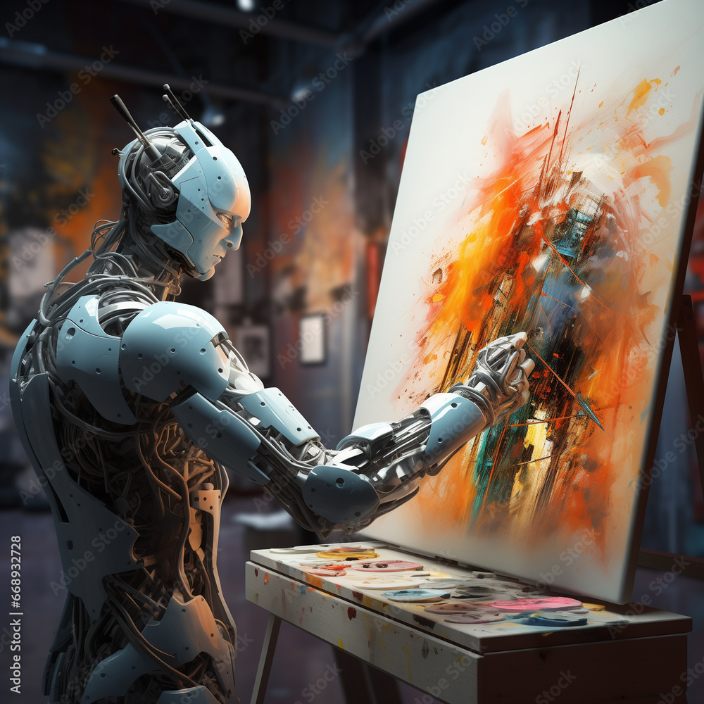 Close - up view Robot's hold brush and paint an oil painting on canvas ...