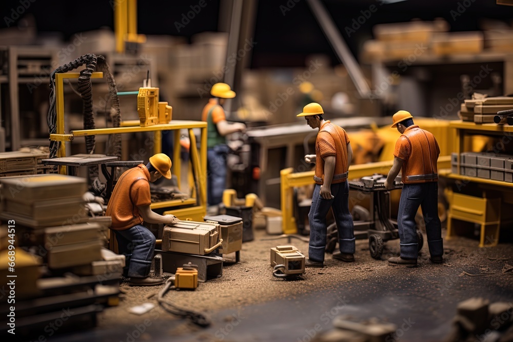 Explore a hyperreal world as toy workers craft in a matte background ...