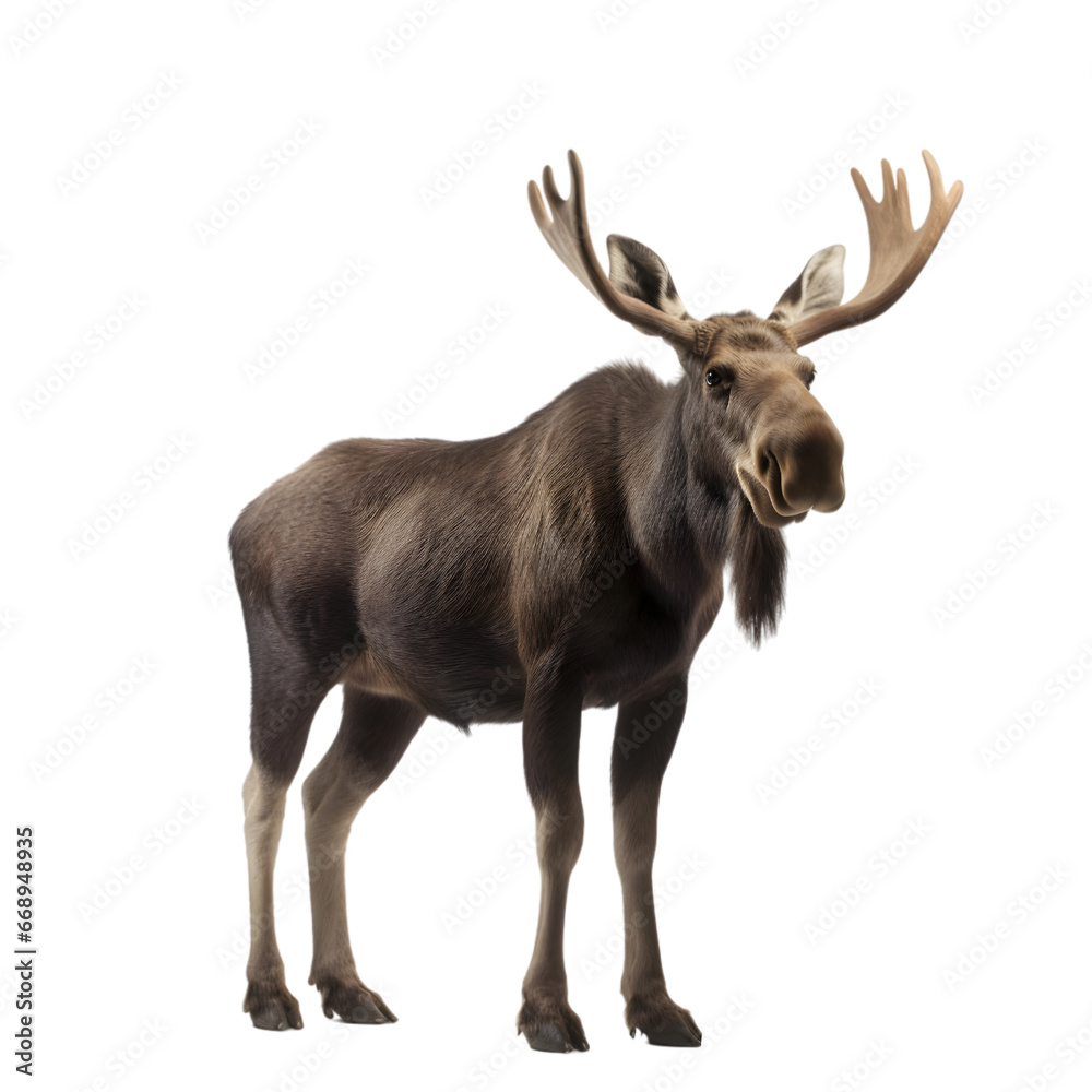 full-body shot, brown male moose with standing posture isolated on ...