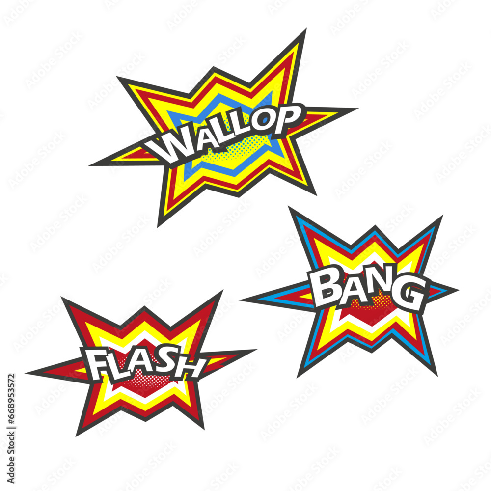 Comic signs flash, bang, wallop sound effect. Speech bubbles in pop art ...