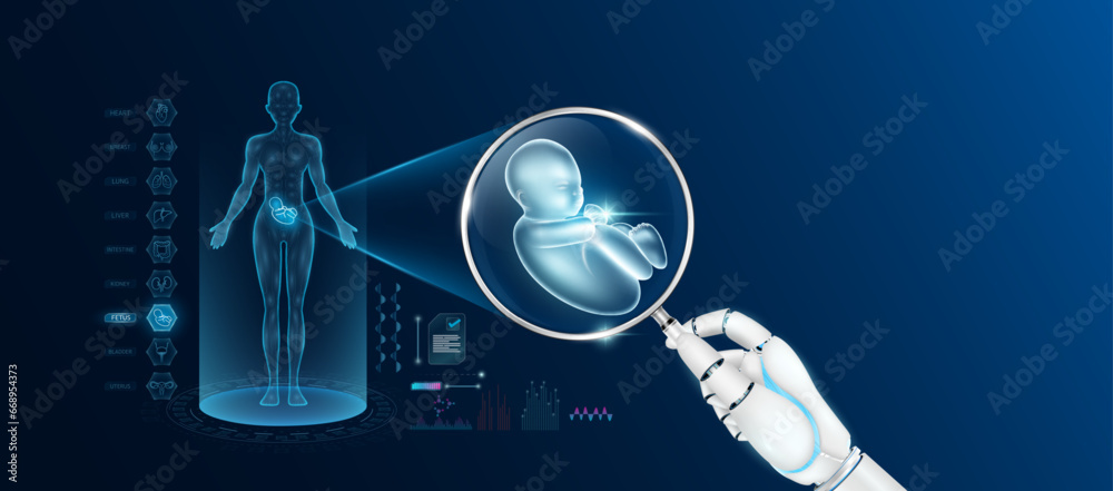 Doctor robot hand holding magnifying glass looking fetus analysis and ...