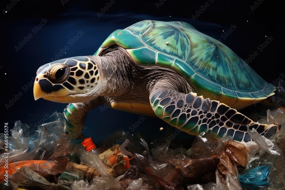 Green sea turtle in plastic trash dump on dark background. Pollution ...