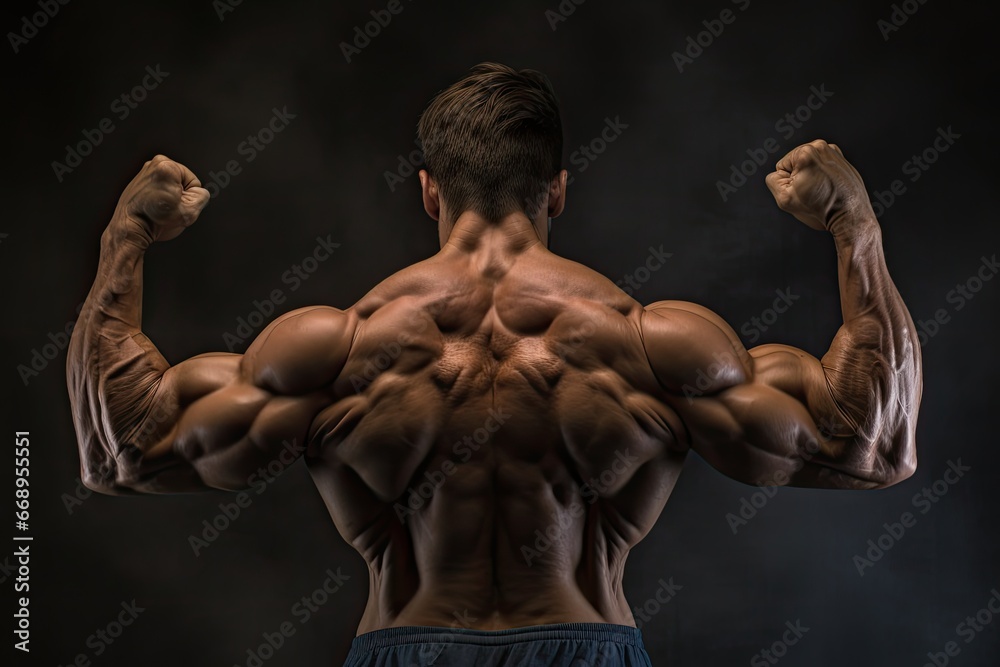 Bodybuilder flexing his muscles over black background. Back view, Rear ...
