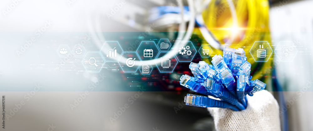 Close-up lots of RJ45 UTP Cat6 LAN internet network cable fiber optic ...