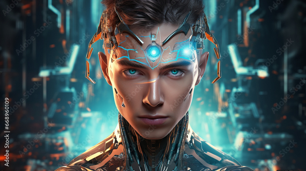 Man character design. Cyborg face man technology background with ...