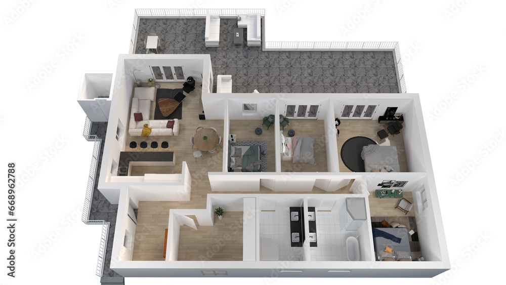 4 bedroom with beautiful trace view 3d floor plan rendering. Stock Illustration | Adobe Stock
