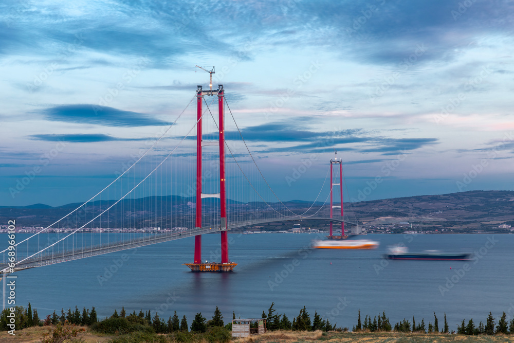 1915 Canakkale Bridge aerial view in Canakkale, Turkey. World's longest ...