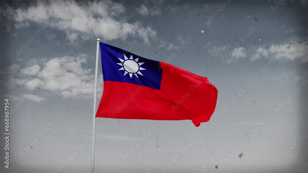 Taiwan flag waving in the wind on sky background with vignette, vintage ...